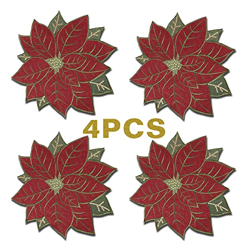 OWENIE Christmas Placemats Set of 4, Embroidered Red Poinsettia Table Mats with Sequins, 16 Inch Round Holiday Place Mats, Xmas Doilies Table Decorations