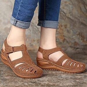 Bravetoshop Womens Wedge Sandals, Comfort Hook and Loop Summer Athletic Flat Sandals Walking Shoes (Brown,9 US)