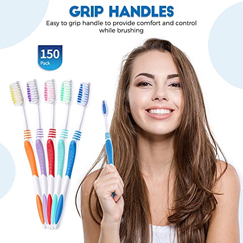 150 Pieces Individually Wrapped Toothbrushes Manual Disposable Travel Toothbrush Medium Soft Bristle Tooth Brush Travel Toothbrush Bulk Toothbrushes for Hotel, Guest, Adults, Kids, Multi Color