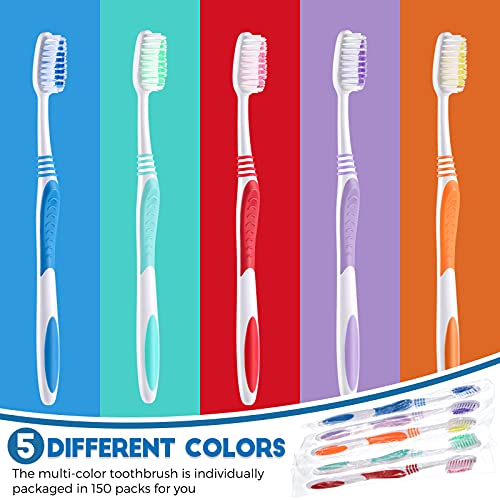 150 Pieces Individually Wrapped Toothbrushes Manual Disposable Travel Toothbrush Medium Soft Bristle Tooth Brush Travel Toothbrush Bulk Toothbrushes for Hotel, Guest, Adults, Kids, Multi Color