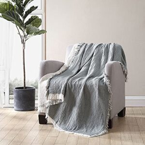 Brielle Home Denver Reversible Cotton Gauze Throw Blanket, Fern/Ecru, 50x60