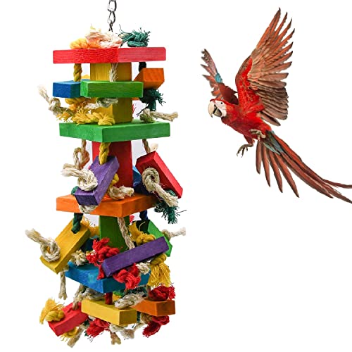 RUBY.Q Large Parrot Toy, 1/2/3 Pack 20in Bird Parrot Toy, Multicolored Natural Wooden Bird Chewing Toys for Large Macaws, African Grey and a Variety of Amazon Parrots