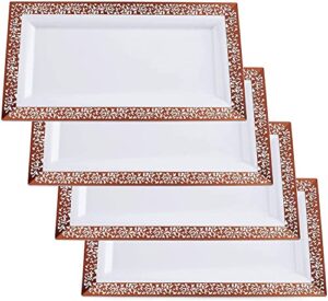 yumchikel-plastic serving tray & platter set (4pk) white & rose gold lace disposable party trays & platters for food - weddings, dessert table, cupcake display -14"x7.5" inches