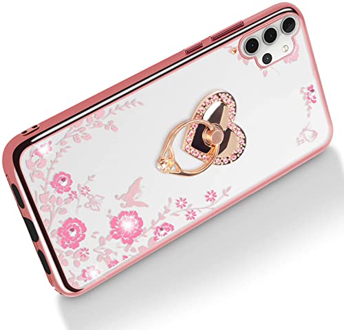 for Samsung Galaxy A32 5G Phone Case, Glitter Crystal Butterfly Heart Floral Slim TPU Luxury Bling Diamond Rhinestone Cute for Girls Women Case with Ring Stand+Strap for Galaxy A32 5G-Rose Gold