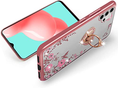 for Samsung Galaxy A32 5G Phone Case, Glitter Crystal Butterfly Heart Floral Slim TPU Luxury Bling Diamond Rhinestone Cute for Girls Women Case with Ring Stand+Strap for Galaxy A32 5G-Rose Gold