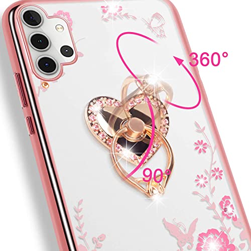 for Samsung Galaxy A32 5G Phone Case, Glitter Crystal Butterfly Heart Floral Slim TPU Luxury Bling Diamond Rhinestone Cute for Girls Women Case with Ring Stand+Strap for Galaxy A32 5G-Rose Gold