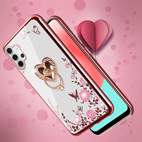 for Samsung Galaxy A32 5G Phone Case, Glitter Crystal Butterfly Heart Floral Slim TPU Luxury Bling Diamond Rhinestone Cute for Girls Women Case with Ring Stand+Strap for Galaxy A32 5G-Rose Gold