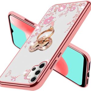 for Samsung Galaxy A32 5G Phone Case, Glitter Crystal Butterfly Heart Floral Slim TPU Luxury Bling Diamond Rhinestone Cute for Girls Women Case with Ring Stand+Strap for Galaxy A32 5G-Rose Gold