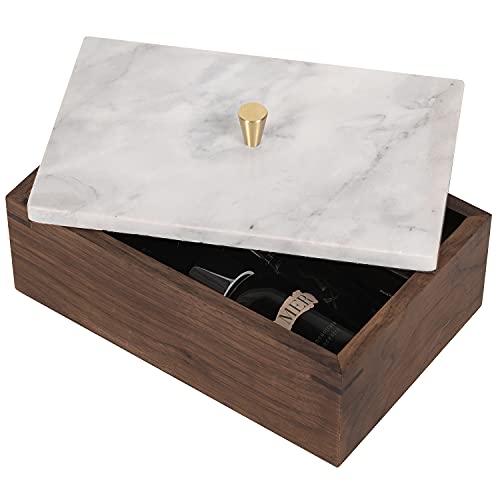 MyGift Modern Walnut Wood & White Marble Lid Vanity Catchall Jewelry Box/Storage Container