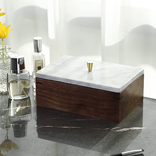 MyGift Modern Walnut Wood & White Marble Lid Vanity Catchall Jewelry Box/Storage Container