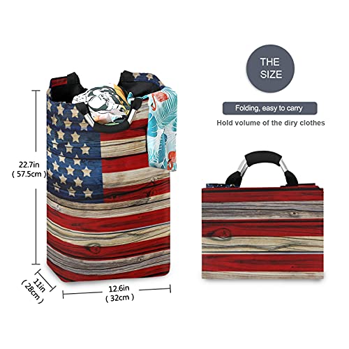 WELLDAY Laundry Hamper with Handle Old Painted American Flag Laundry Baskets Foldable Dirty Clothes Basket Large Storage Laundry Organizer