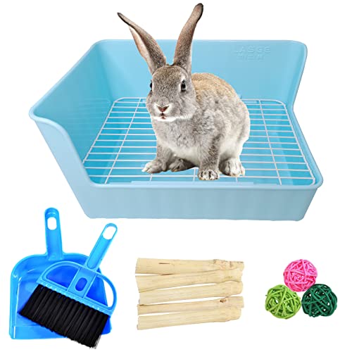 Hamiledyi Rabbit Litter Box Toilet, Pets Plastic Square Rabbit Cage Potty Trainer Corner with Small Animal Cage Clean Broom Molar Sweet Bamboo for Bunny Chinchillas Guinea Pigs (Blue)