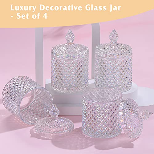 LUXETA Multi-Use Luxury Glass Apothecary Jars Embossed Candle Making Containers with Lids Home Décor Organizer for Vanity Kitchen Living Bathrooms Candy jar Decorative Votive Holders.4 Pcs -10 oz.