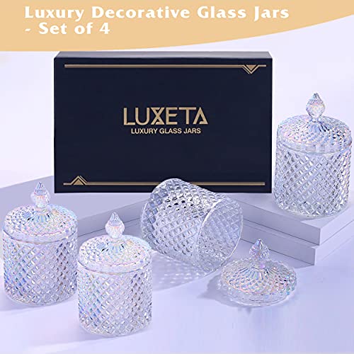 LUXETA Multi-Use Luxury Glass Apothecary Jars Embossed Candle Making Containers with Lids Home Décor Organizer for Vanity Kitchen Living Bathrooms Candy jar Decorative Votive Holders.4 Pcs -10 oz.