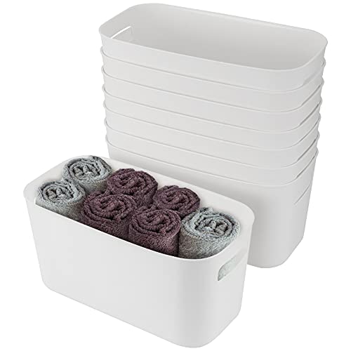 SEUNMUK 8 Pack 10" Long Bathroom Vanity Plastic Organizer Storage Bin Tote with Handles, White Plastic Storage Bins for Kitchen Pantry, Bathroom, Bedroom, Laundry, Vanity Room