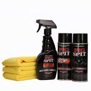 pig spit detailer combo kit includes original, glass and plexi cleaner, fast detail spray with mircofiber towels, clear