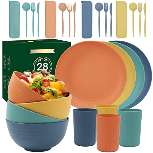 PYRMONT Wheat Straw Dinnerware Sets, Microwave & Dishwasher Safe Unbreakable Dinnerware Set-(28 PCS), Reusable Dishware Sets, Lightweight Camping Dishes, Plates, Cups, Cereal Bowls for 4