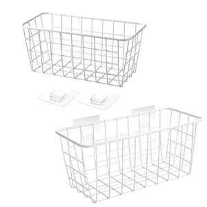 lelecat hanging kitchen baskets for storage adhesive sturdy small wire storage baskets with kitchen food pantry bathroom shelf storage no drilling wall mounted,2 pack,white