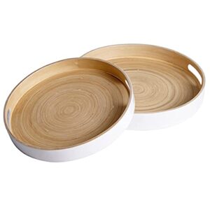 Bamboo Serving Tray with Handles Set of 2, Round Shallow Bamboo Tray, Natural Bamboo Wood Decorative Rustic Trays for Coffee Table, Tea, Food, Cocktail, Drink, Ottoman, Breakfast Party (Matte White)