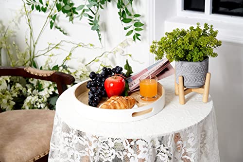 Bamboo Serving Tray with Handles Set of 2, Round Shallow Bamboo Tray, Natural Bamboo Wood Decorative Rustic Trays for Coffee Table, Tea, Food, Cocktail, Drink, Ottoman, Breakfast Party (Matte White)