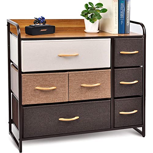 CERBIOR Wide Drawer Dresser Storage Organizer 5-Drawer 7-Drawer Closet Shelves, Sturdy Steel Frame Wood Top with Easy Pull Fabric Bins for Clothing, Blankets