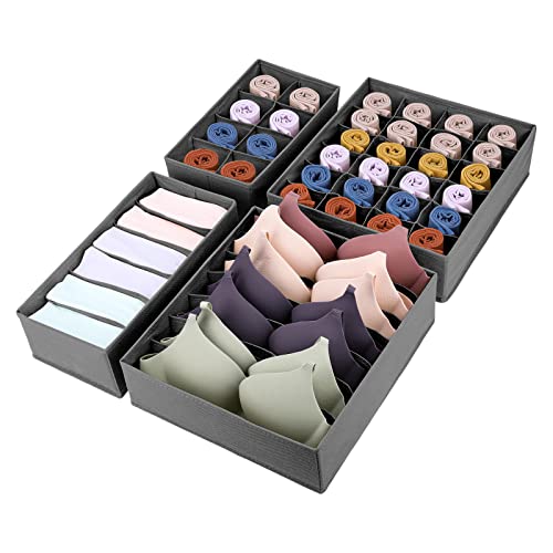 AzxecVcer 4 Set Sock Underwear Organizer,45 Cell Foldable Washable Odorless Fabric Drawer Organizers Storage Divider for Clothing, Baby Clothes, Bra, Panty, Socks, Scarf, Ties (Grey)