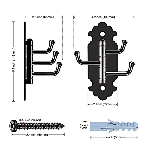 SELEWARE Metal Hooks for Hanging, 3 Rotatable Hooks Design in 1 Set, Coat Hooks Wall Mounted, Black