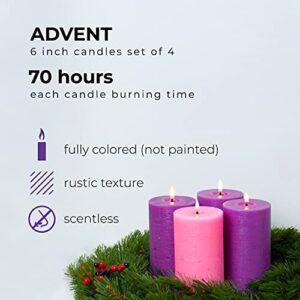 CANDWAX 3x6 Pillar Advent Candles Set of 4 - Rustic Pillar Candles Unscented and No Drip Candles - Ideal as Candles for Advent Wreath or Christmas Decorations - Purple Set of Advent Pillar Candles