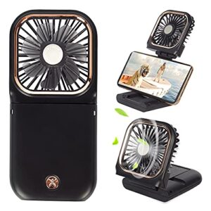 portable mini fan small battery operated fan 5 in 1 as power bank,phone holder,handheld fan,desk fan, usb rechargeable personal hand fans,3000 mah power bank,3 speed adjustable, neck lanyard, black