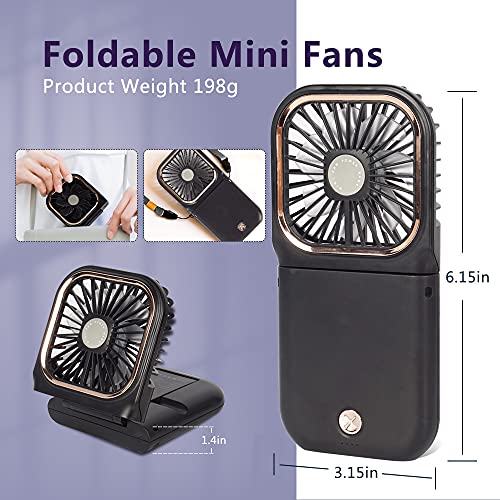 Portable Mini Fan Small Battery Operated Fan 5 in 1 as Power Bank,Phone Holder,Handheld Fan,Desk Fan, USB Rechargeable Personal Hand Fans,3000 mAh Power Bank,3 Speed Adjustable, Neck lanyard, Black