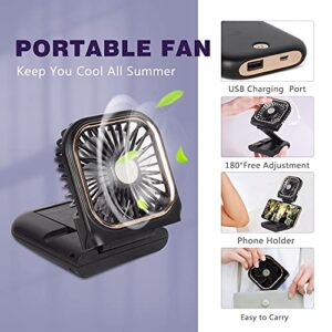 Portable Mini Fan Small Battery Operated Fan 5 in 1 as Power Bank,Phone Holder,Handheld Fan,Desk Fan, USB Rechargeable Personal Hand Fans,3000 mAh Power Bank,3 Speed Adjustable, Neck lanyard, Black