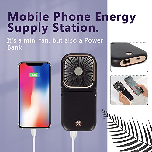 Portable Mini Fan Small Battery Operated Fan 5 in 1 as Power Bank,Phone Holder,Handheld Fan,Desk Fan, USB Rechargeable Personal Hand Fans,3000 mAh Power Bank,3 Speed Adjustable, Neck lanyard, Black