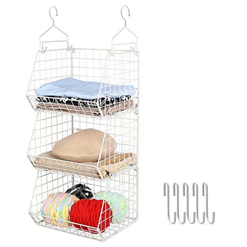 X-cosrack 3 Tier Foldable Closet Organizer, Clothes Shelves with 5 S Hooks, Wall Mount&Cabinet Wire Storage Basket Bins, for Clothing Sweaters Shoes Handbags Clutches Accessories-White Patent Design