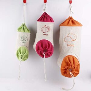 set of 3 reusable hanging vegetable storage and dispenser bags, dual drawstring closures, potato bag, onion bag, garlic bag