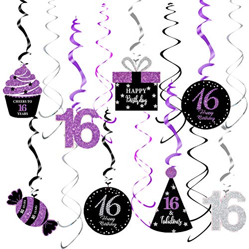 Sweet 16 Birthday Decorations Purple Silver Black for Women/Girl 16th Birthday Party Decoration Purple Silver Black Foil Hanging Swirls Decorations Girl 16th Birthday Party Hanging Decor / Swirls of 15pcs