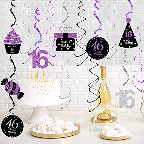 Sweet 16 Birthday Decorations Purple Silver Black for Women/Girl 16th Birthday Party Decoration Purple Silver Black Foil Hanging Swirls Decorations Girl 16th Birthday Party Hanging Decor / Swirls of 15pcs