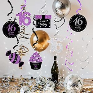 Sweet 16 Birthday Decorations Purple Silver Black for Women/Girl 16th Birthday Party Decoration Purple Silver Black Foil Hanging Swirls Decorations Girl 16th Birthday Party Hanging Decor / Swirls of 15pcs