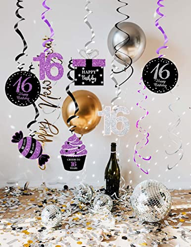 Sweet 16 Birthday Decorations Purple Silver Black for Women/Girl 16th Birthday Party Decoration Purple Silver Black Foil Hanging Swirls Decorations Girl 16th Birthday Party Hanging Decor / Swirls of 15pcs