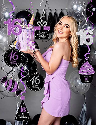 Sweet 16 Birthday Decorations Purple Silver Black for Women/Girl 16th Birthday Party Decoration Purple Silver Black Foil Hanging Swirls Decorations Girl 16th Birthday Party Hanging Decor / Swirls of 15pcs