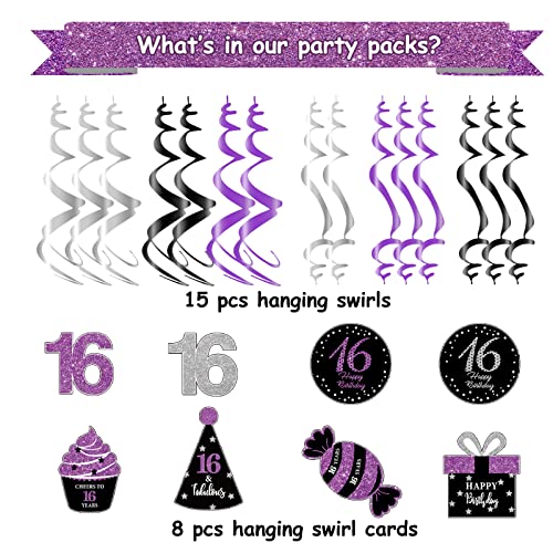 Sweet 16 Birthday Decorations Purple Silver Black for Women/Girl 16th Birthday Party Decoration Purple Silver Black Foil Hanging Swirls Decorations Girl 16th Birthday Party Hanging Decor / Swirls of 15pcs