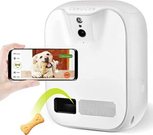 cengcen pet monitoring camera dog treat dispenser two-way audio hd wifi dog camera with 130° view, remote tossing app compatible with android/ios, supports cloud storage, night vision, wall mounted