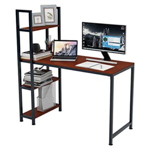 siunzs computer desk with shelves, home office desk with 4 tier storage shelves studying writing desk workstation with hutch, bookshelf and tower storage for home office(55”,red rose)