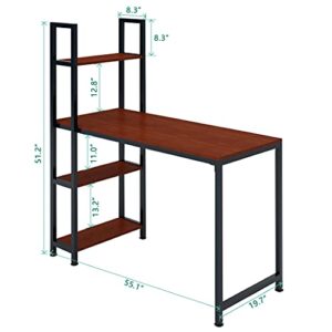 Siunzs Computer Desk with Shelves, Home Office Desk with 4 Tier Storage Shelves Studying Writing Desk Workstation with Hutch, Bookshelf and Tower Storage for Home Office(55”,Red Rose)