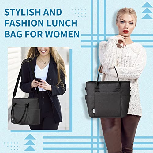 Lunch Bag for Women, ChaseChic Insulated Thermal Lunch Tote Bag Large Lunch Box Container for Adults with Adjustable Shoulder Strap, Reusable Lunch Cooler Bag for Office Work School Picnic, Black