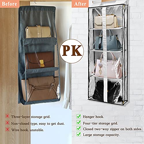 KMOTASUO Clear Closet Hanging Handbag Organizer with Zippers, Easy Access Wardrobe Tote Bag Purse Storage Holder Over The Door Space Saving Shelf Pocket for Bedrooms Living Room