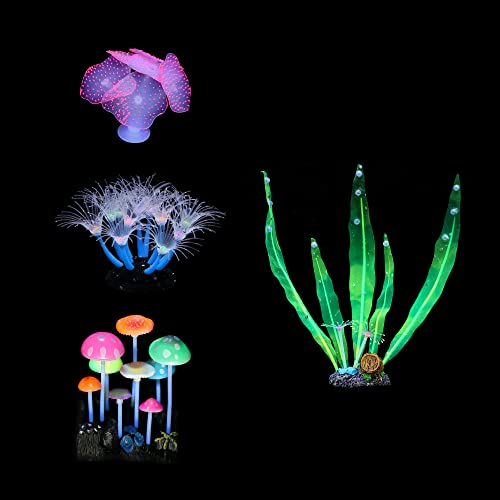 Mogoko 4 Pack Glowing Fish Tank Decorations, Silicon Glow Aquarium Plants Ornaments Kit for Decor