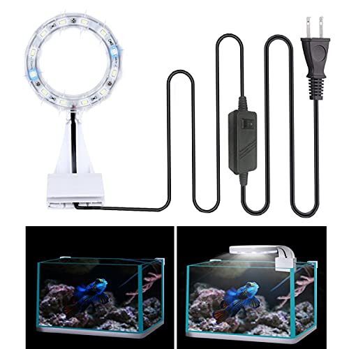 GVOREE 5W Mini Fish Tank Light White Clip-on Aquarium Lights for Small Betta Fish Tank,Round Light Aquatic Plant Lighting (White Body + Blue LED Light) Suitable for Small Fish Tanks