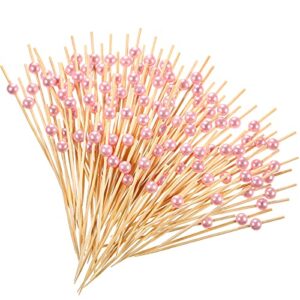 120 counts fancy toothpicks for appetizers faux pearl charcuterie cocktail picks wooden decorative toothpicks handmade sticks long appetizer cocktail sticks for home party, dessert, fruit (rose gold)