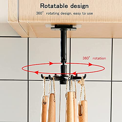 ACOODE Hanging Utensil Holder Hooks Kitchen Utensil Hanger Wall Mount 360 Degrees Rotating Folding Hook Self Adhesive Hook Utensil Rack with 6 Hooks for Kitchen Bathroom Cabinet ( Black White)