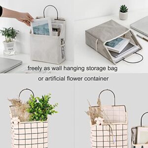 N BoXingYuan Wall Hanging Storage Bag Linen Cotton Organizer Wall Door Closet Bag Organizer with Adhesive Hook for Bedroom Bathroom Living Room (Plant+GreyGrid)